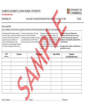 Fillable Online SAMPLE MATRICULATION FORM 2015 Fax Email Print - pdfFiller