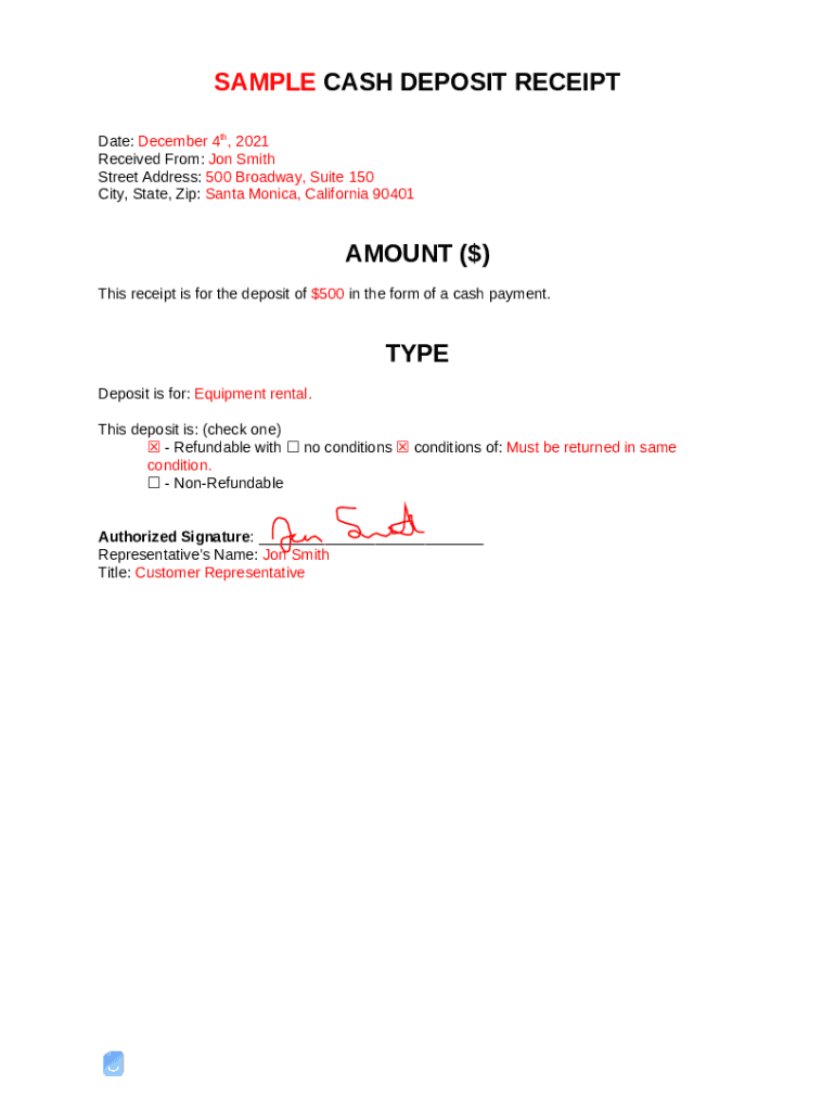 Cash Deposit Receipt Doc Template | pdfFiller