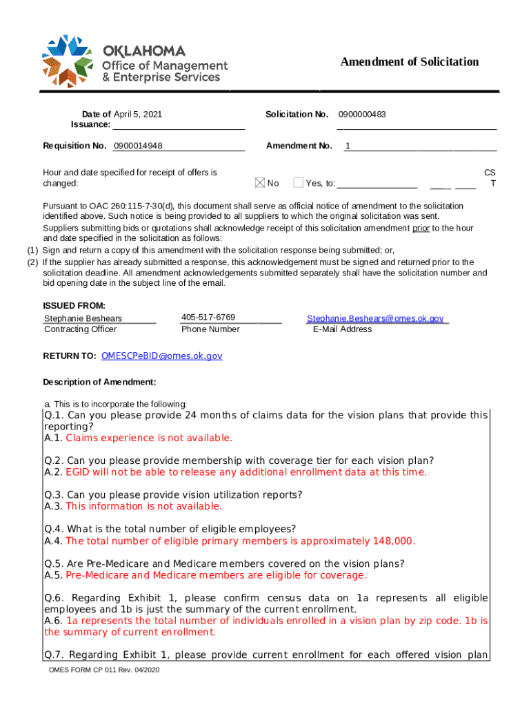 Solicitation 0900000483 Amendment 1. Questions and answers relating to ...