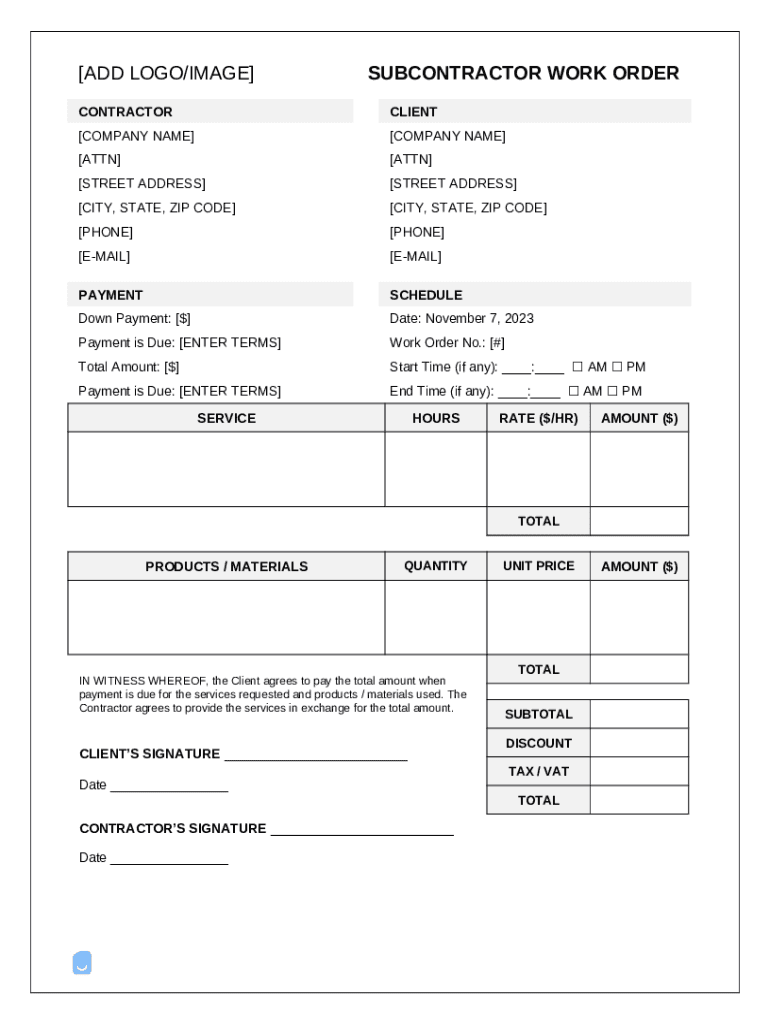Subcontractor Work Order Template Doc Template | pdfFiller