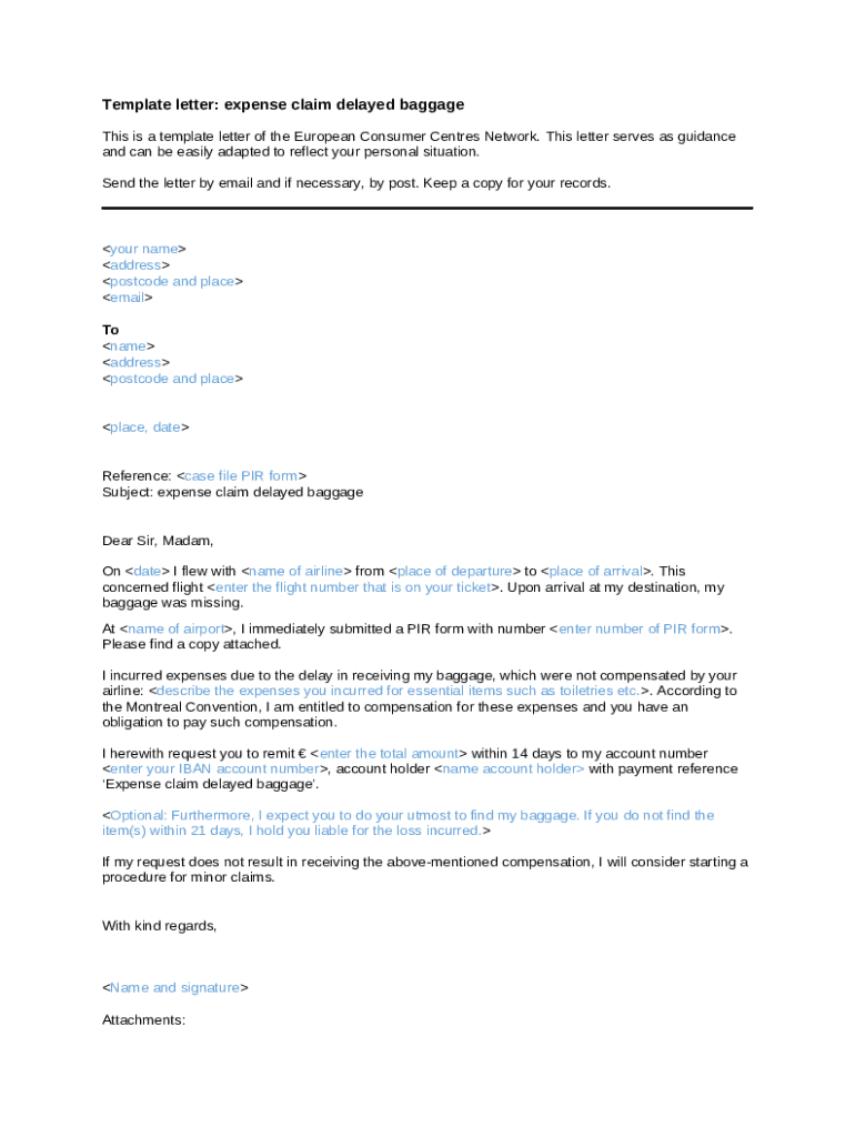 Template letter ECC: expense claim delayed baggage Doc Template | pdfFiller