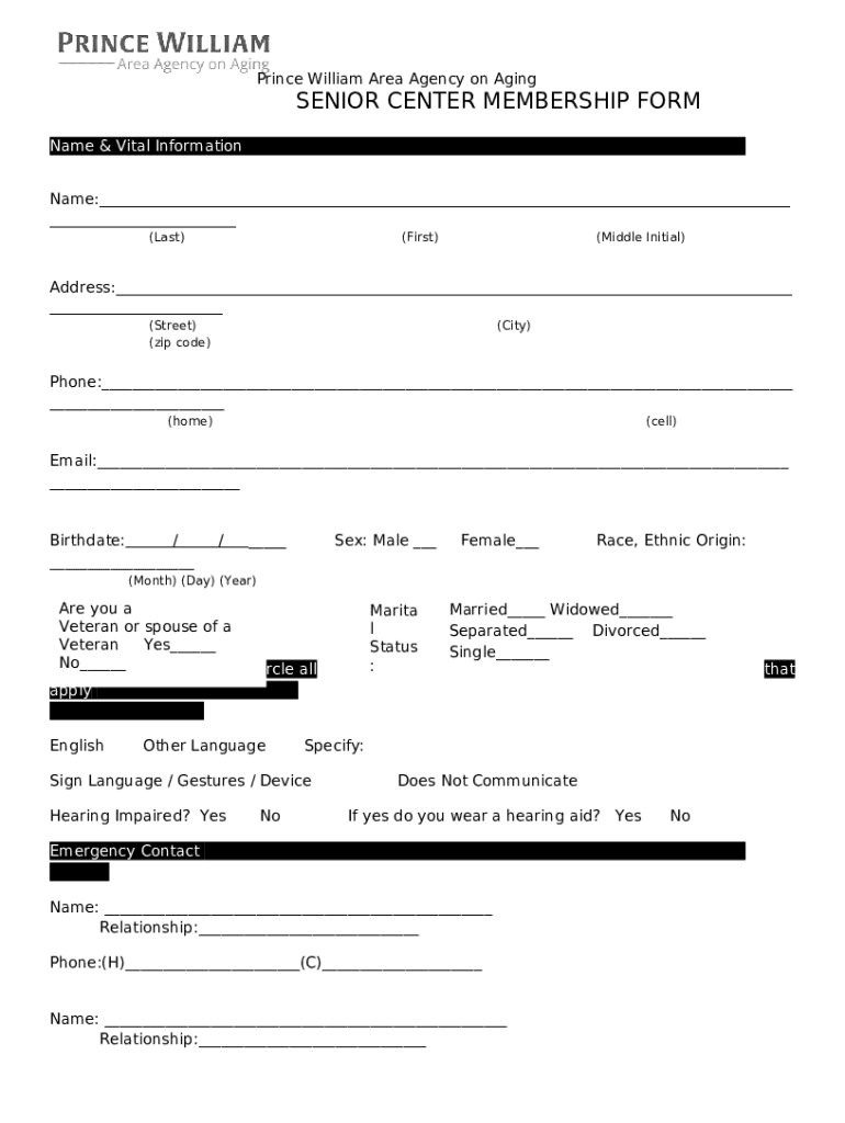 Senior Center Membership Doc Template | pdfFiller