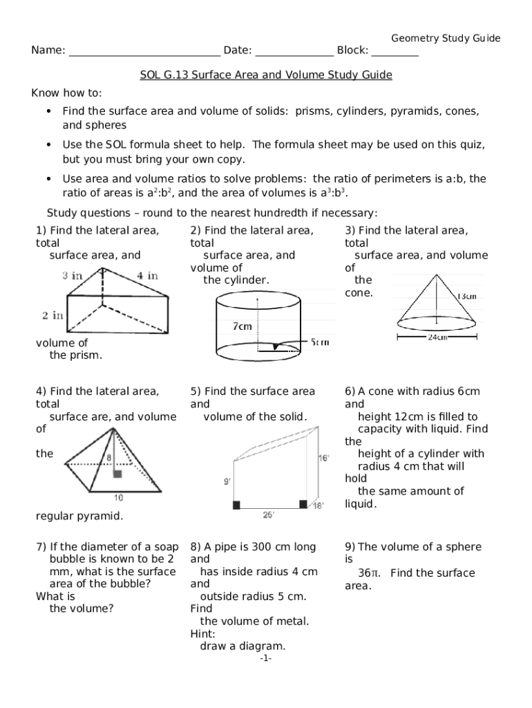 Volume and surface areaGeometry (all content)Math Doc Template | pdfFiller