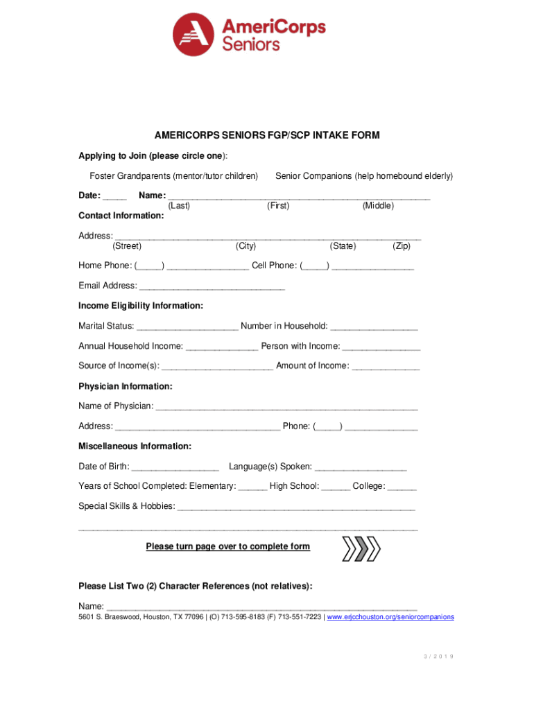 Fillable Online americorps seniors fgp/scp intake form Fax Email Print ...