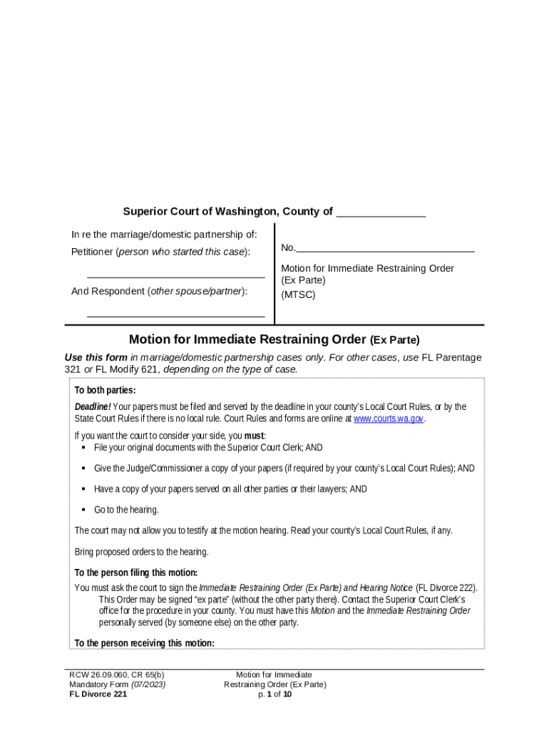 Motion for Immediate Restraining - Washington State Courts Doc Template ...