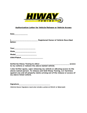 authorization to release vehicle Doc Template | pdfFiller