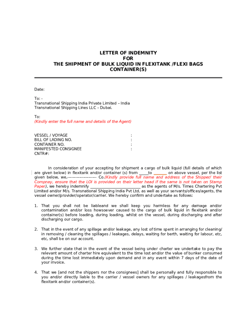 Standard letter of indemnity to be given in return for ... Doc Template ...