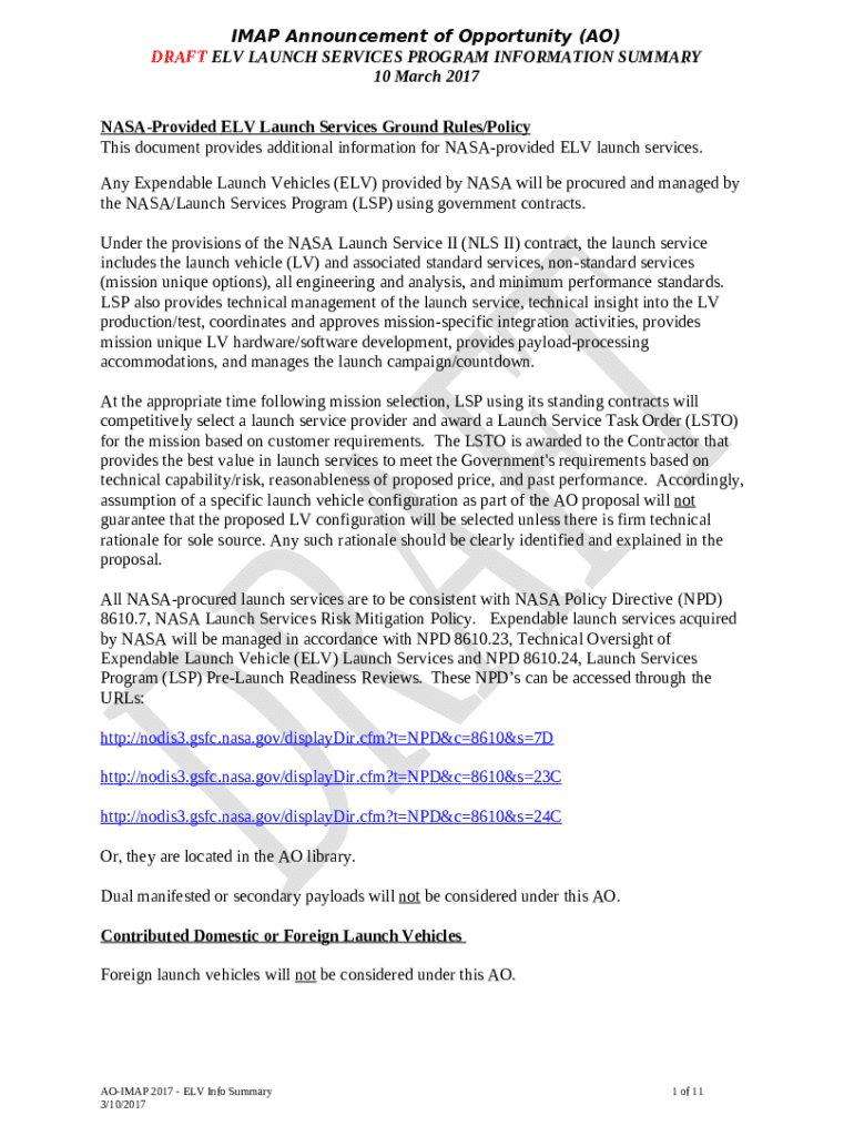 ELV Launch Services Ination Summary - - NASA Doc Template | pdfFiller