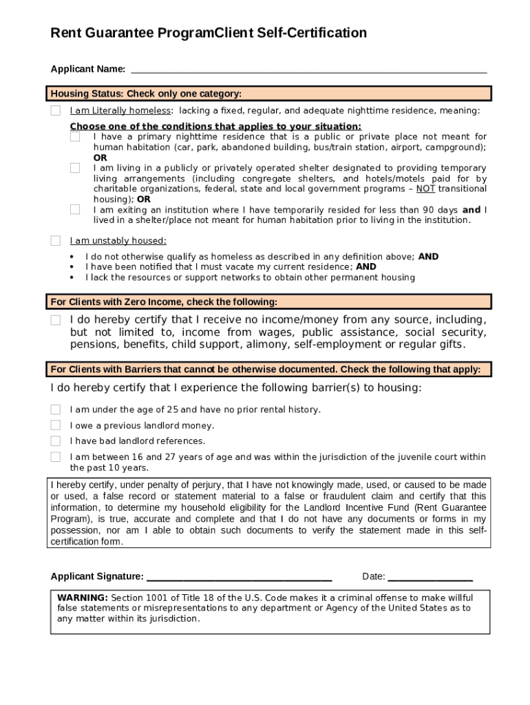 Rent Guarantee Program Client Self Certification Doc Template | pdfFiller