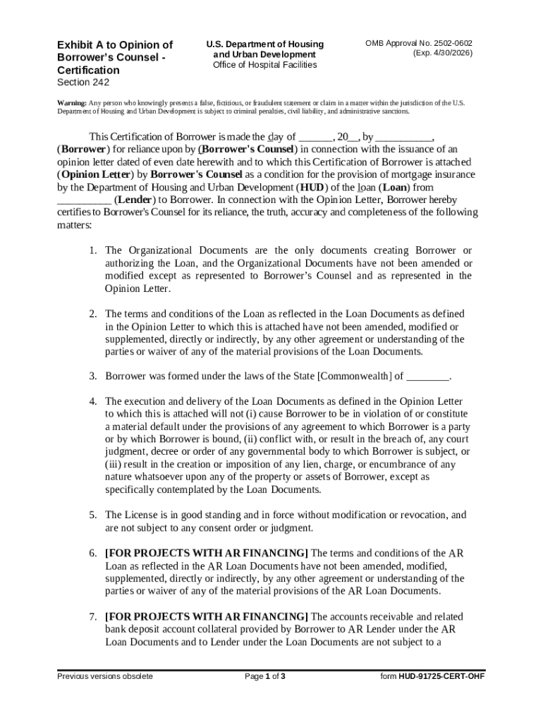 Exhibit A to Opinion of Borrower's Counsel - Certification - HUD Doc Template | pdfFiller