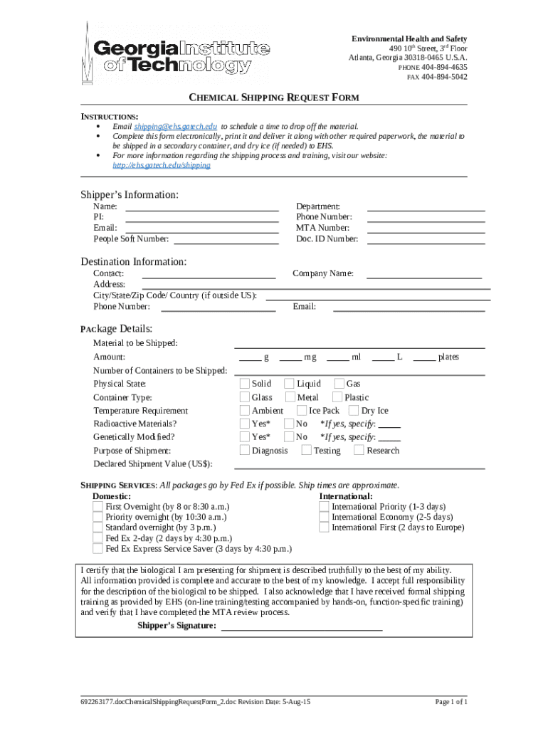 Request a Dangerous Goods Shipment Drop-Off Doc Template | pdfFiller