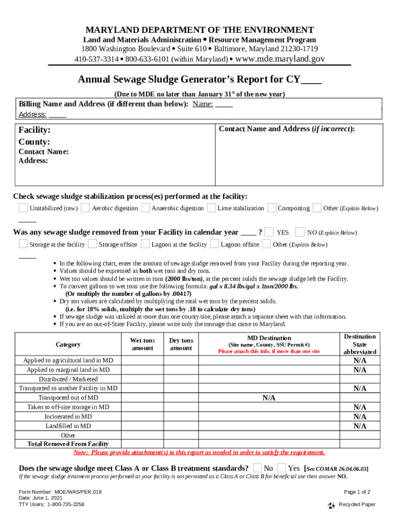 SEWAGE SLUDGE & BIOSOLIDS REPORTING for ... - mde maryland Doc Template | pdfFiller