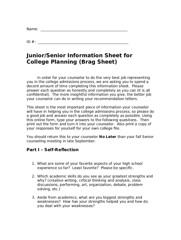 Junior/Senior Ination Sheet for College Planning (Brag ... Doc Template ...
