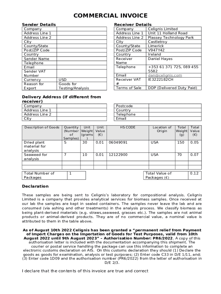 Commercial Invoice Sample Doc Template | pdfFiller