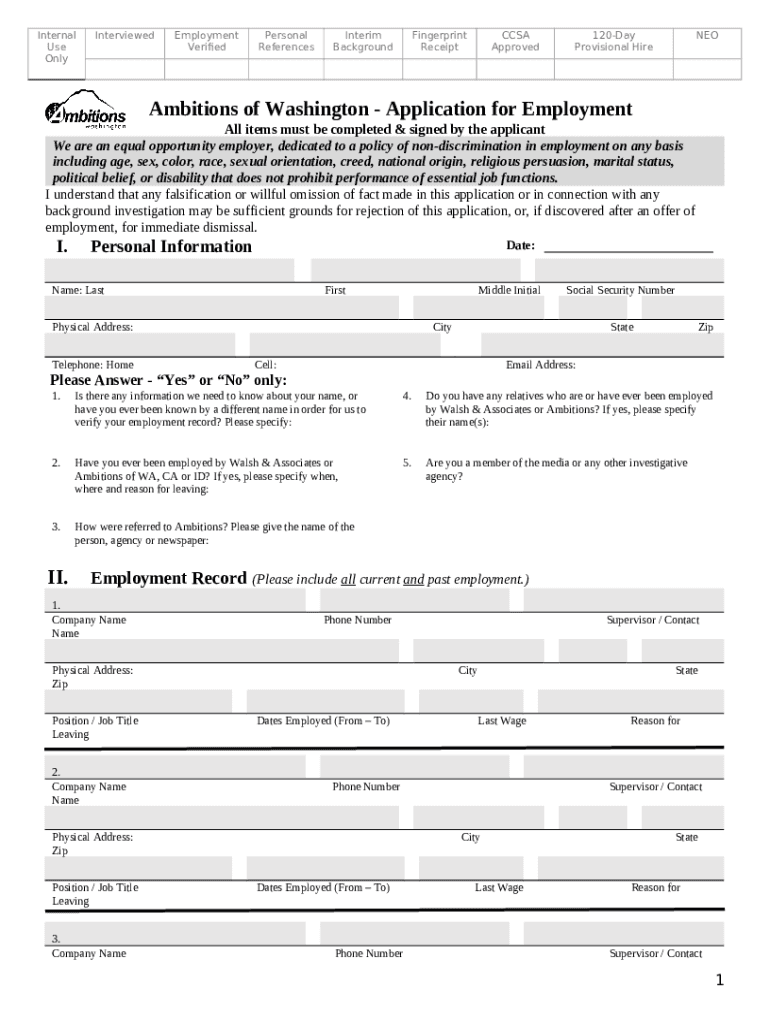 Ambitions of Washington - Application for Employment Doc Template ...