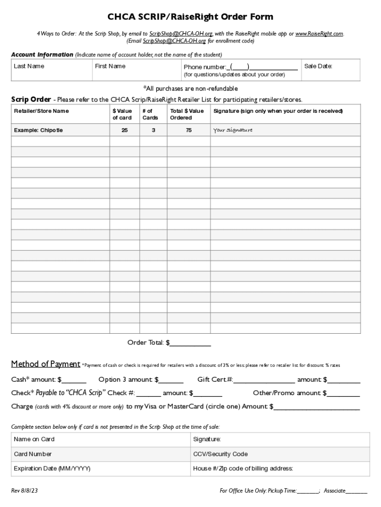 Fillable Online SCRIP Order Form PDFAug082023 Fax Email Print - pdfFiller