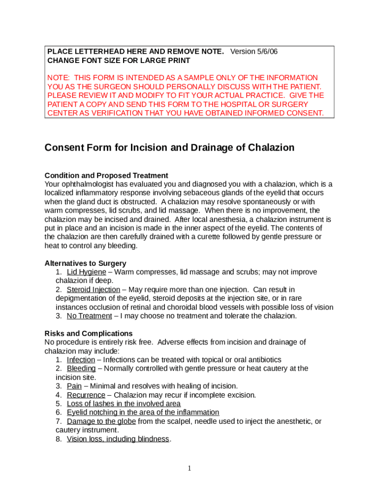 Consent for Incision and Drainage of Chalazion Doc Template | pdfFiller