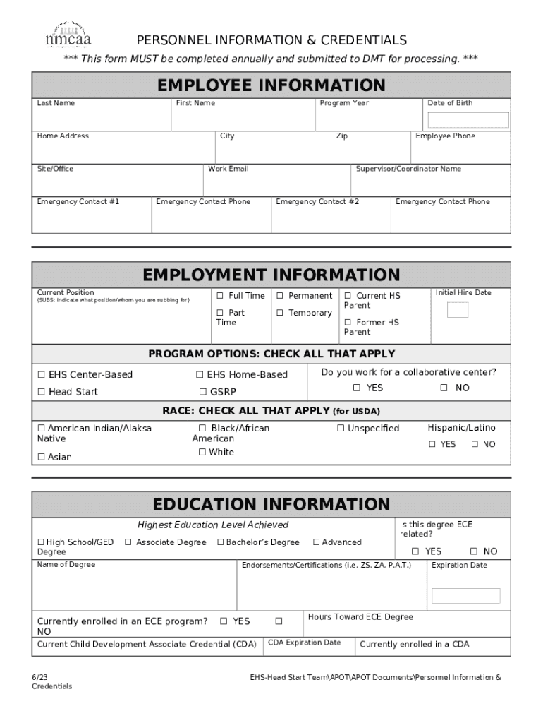 Personnel Ination & Credentials - nmcaa head start Doc Template | pdfFiller
