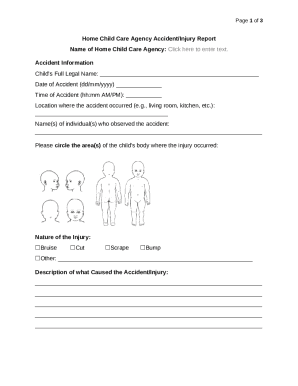 Home Child Care Agency Accident/Injury Report Doc Template | pdfFiller