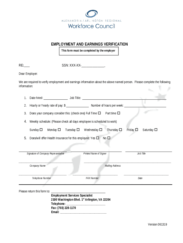 Employer's Verification of Earnings Doc Template | pdfFiller