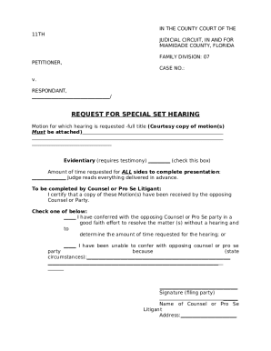 Request for Hearing - Eleventh Judicial Circuit of Florida Doc Template | pdfFiller