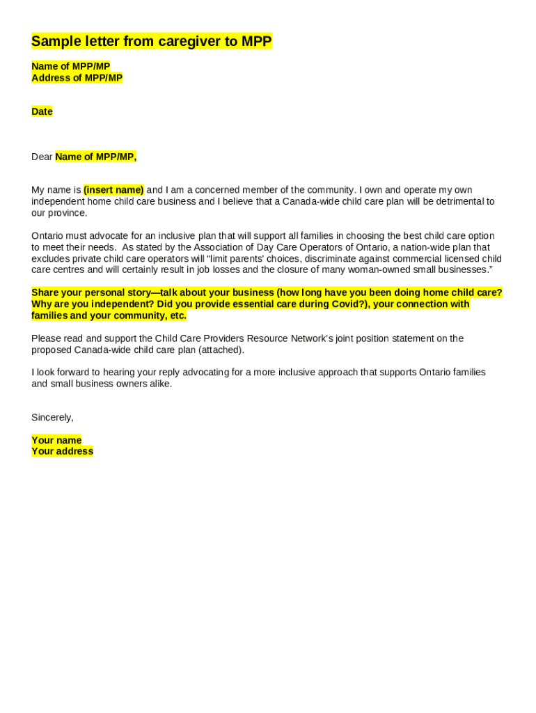 Sample letter from parent to MPP Doc Template | pdfFiller