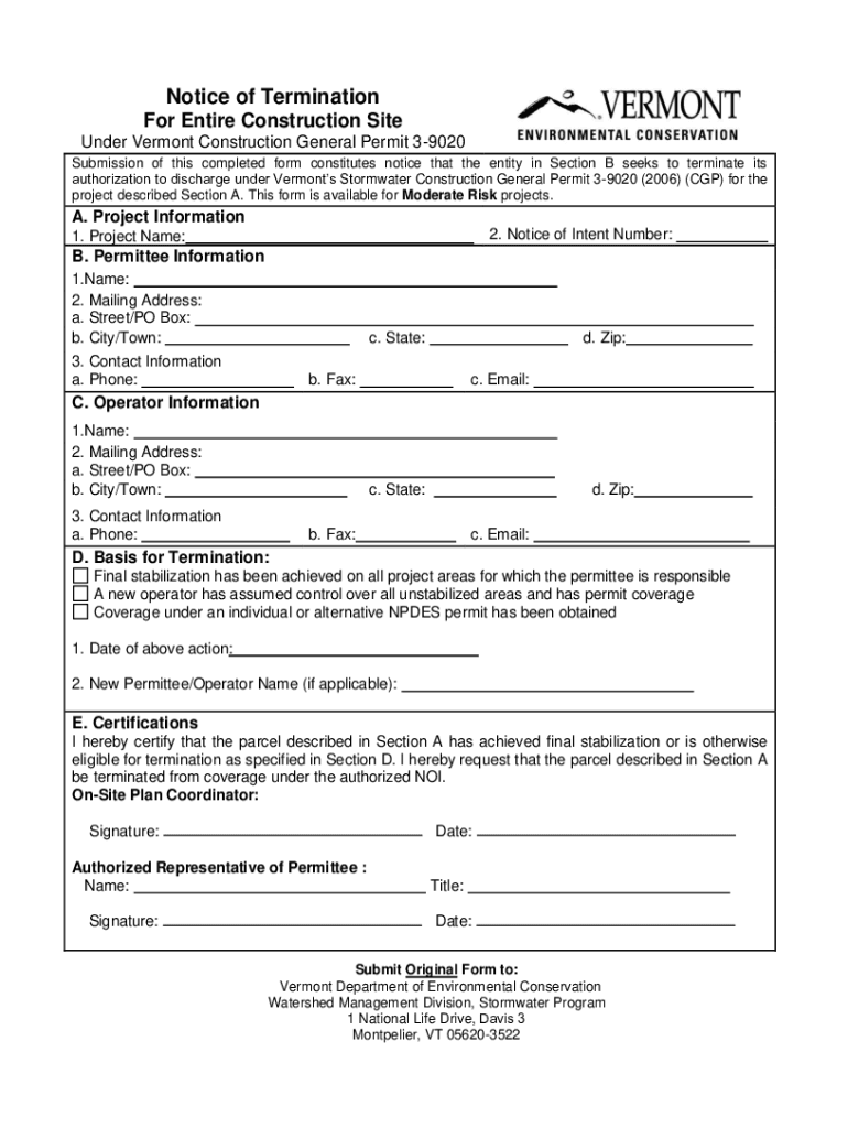 Fillable Online Notice of Termination - For Entire Construction Site ...