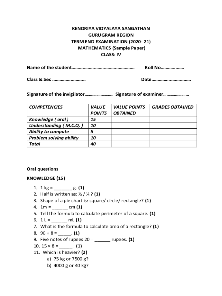 Fillable Online 21) MATHEMATICS (Sample Paper) CLASS: IV Name of the s ...