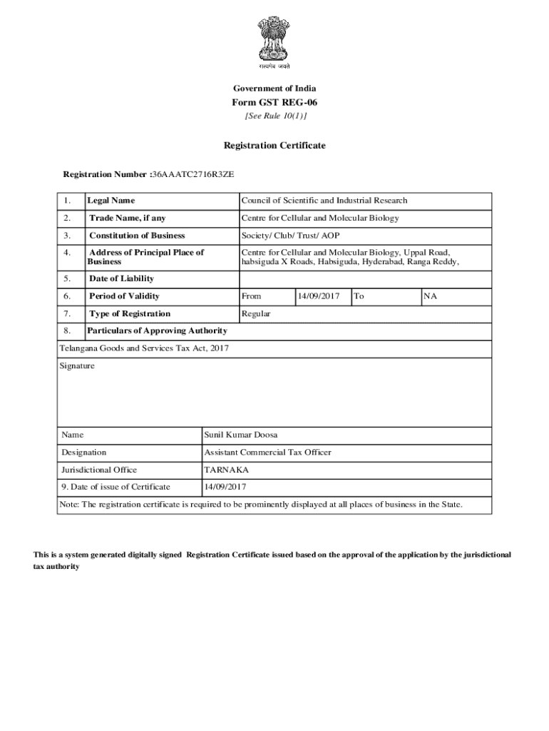 Fillable Online Form GST REG-06 Registration Certificate - Hyderabad ...