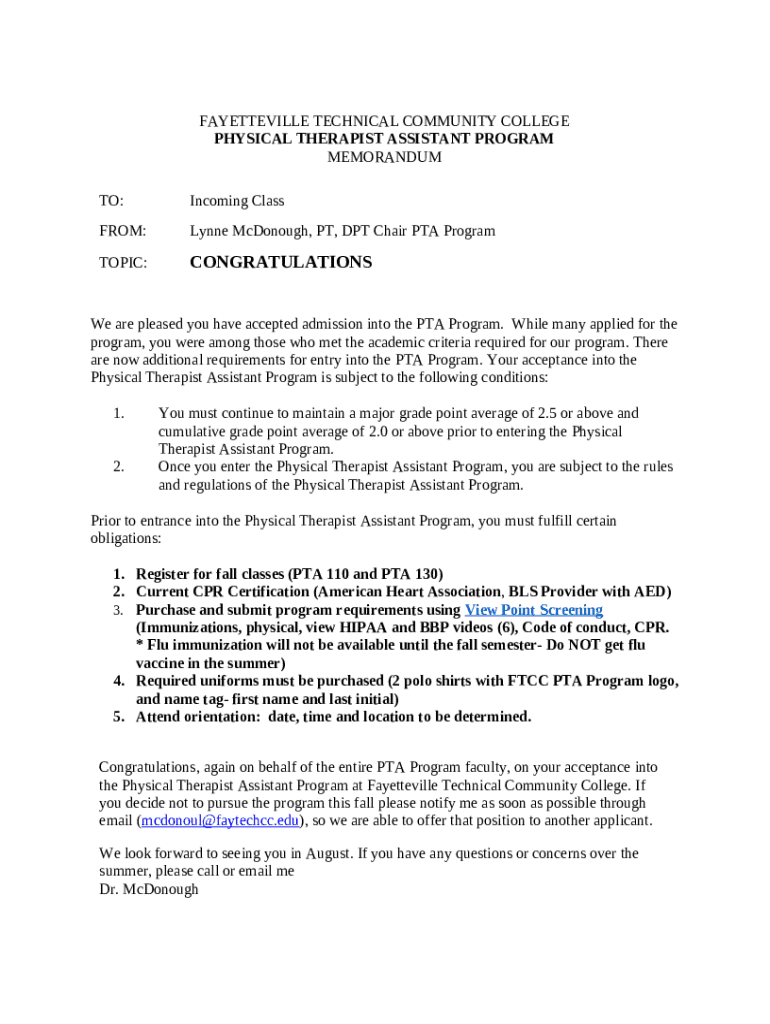Physical Therapy Assistant Welcome Letter Doc Template | pdfFiller