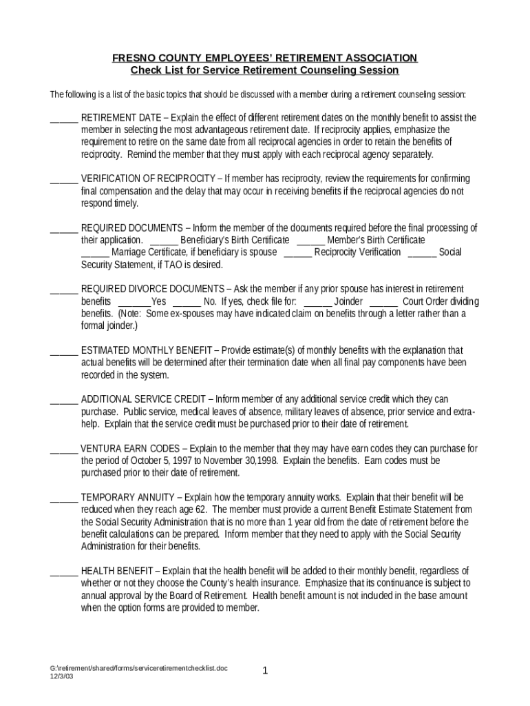 Check List for Service Retirement Counseling Session - www2 co fresno ...