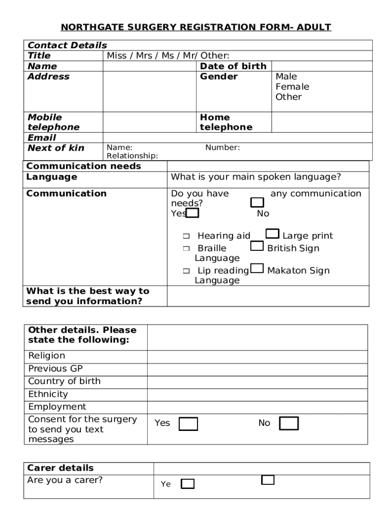NORTHGATE SURGERY REGISTRATION Doc Template | pdfFiller