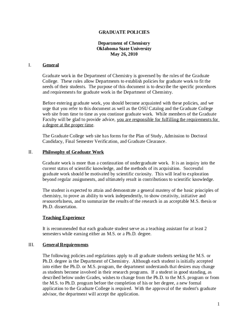 GRADUATE POLICIES - Department of Chemistry Doc Template | pdfFiller