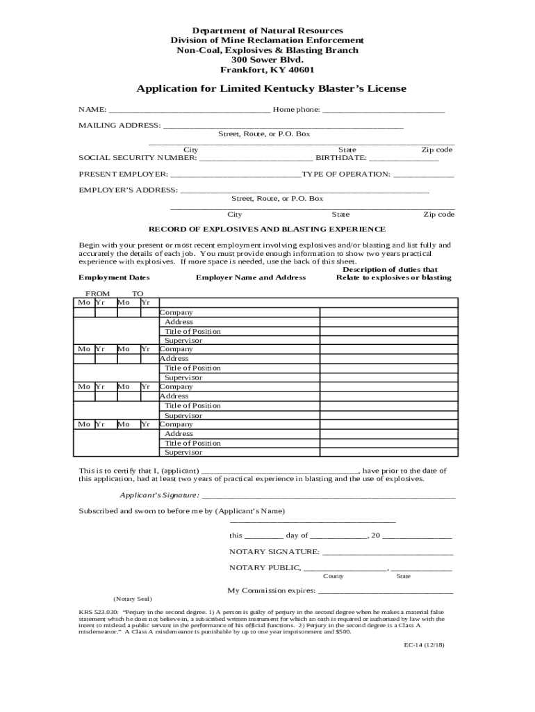 EC-14 Application for a limited Blaster's License - eec ky Doc Template ...