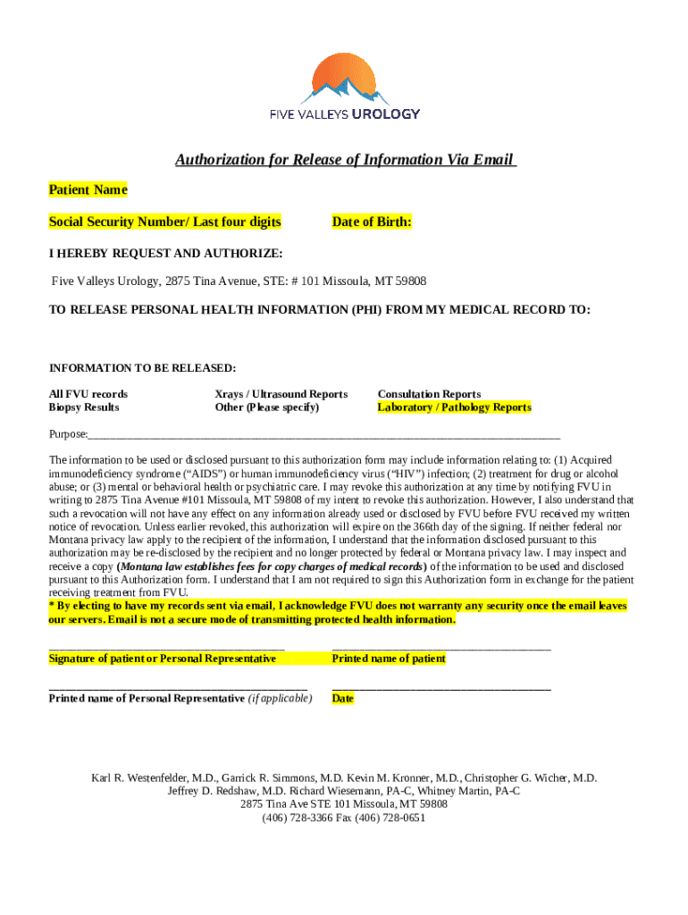 Authorization for Release of Ination Via Email Doc Template | pdfFiller