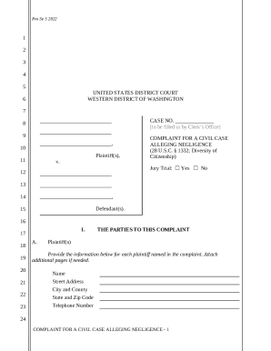 Complaint for a Civil Case Alleging Negligence Doc Template | pdfFiller