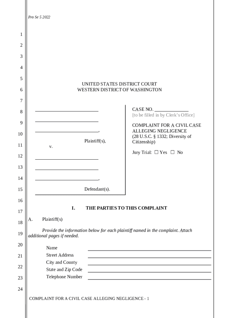 Complaint for Civil Case Alleging Negligence - Blank Fillable Template ...