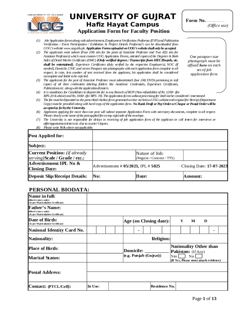 UOG Teaching Post Application s - university of gujrat - uog edu Doc ...