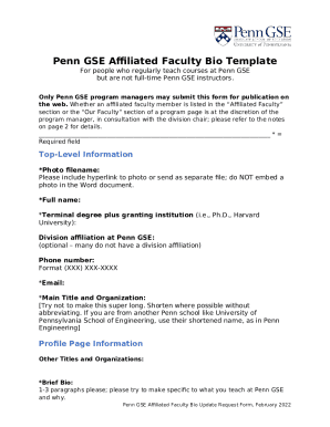 Penn GSE Affiliated Faculty Bio Template Doc Template | pdfFiller
