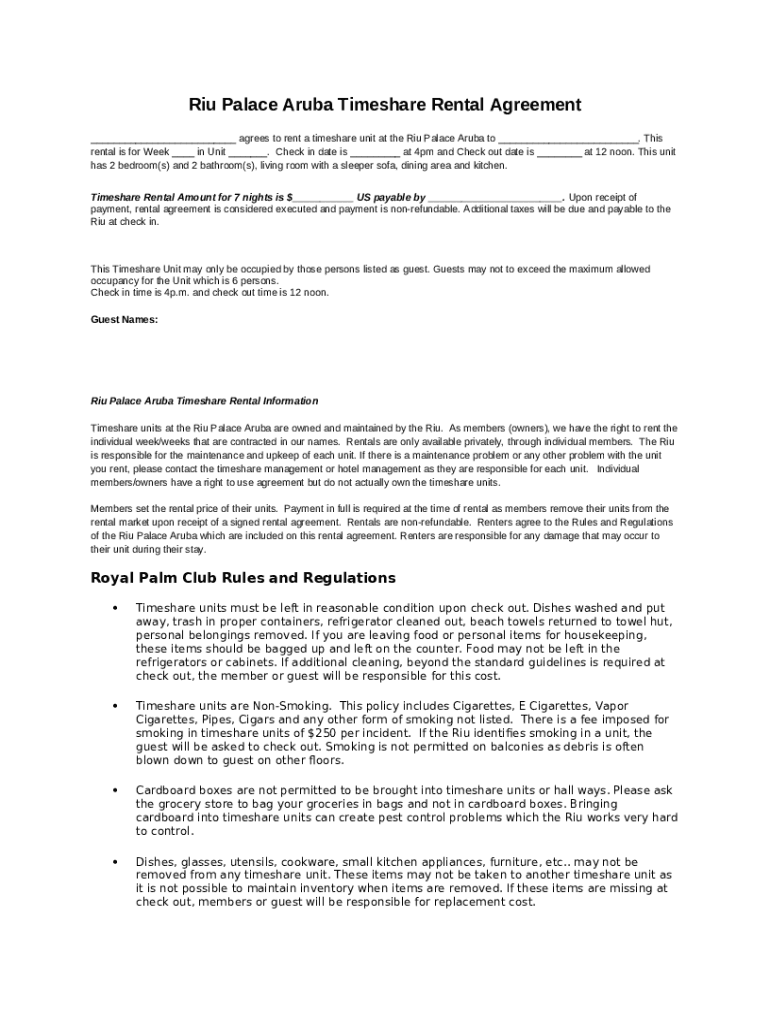 Riu Palace Aruba Timeshare s & Layouts Doc Template | pdfFiller