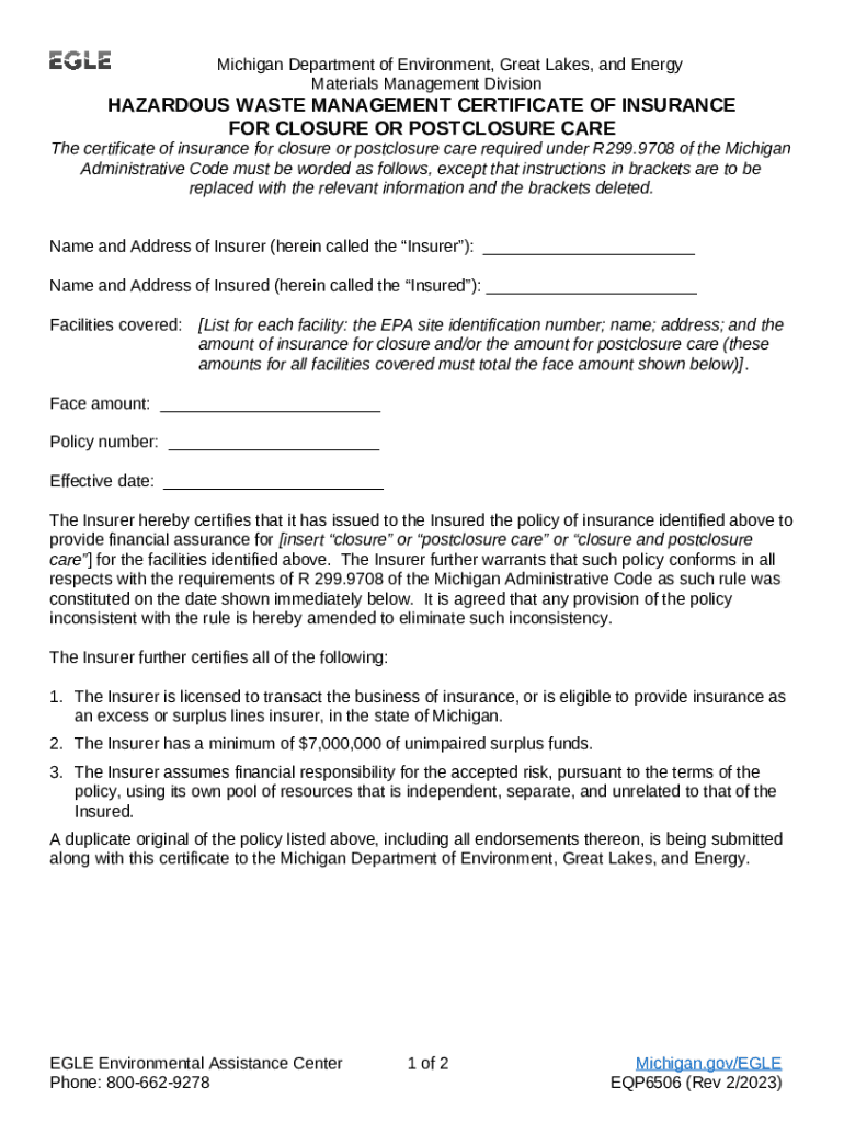 Hazardous Waste Management Certificate of Insurance for Closure or ...