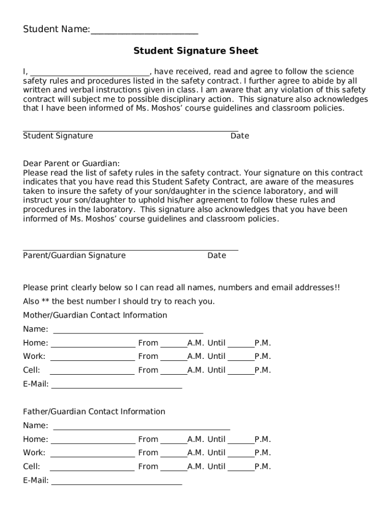 Chemistry Student Science Safety Signature Sheet Doc Template | pdfFiller