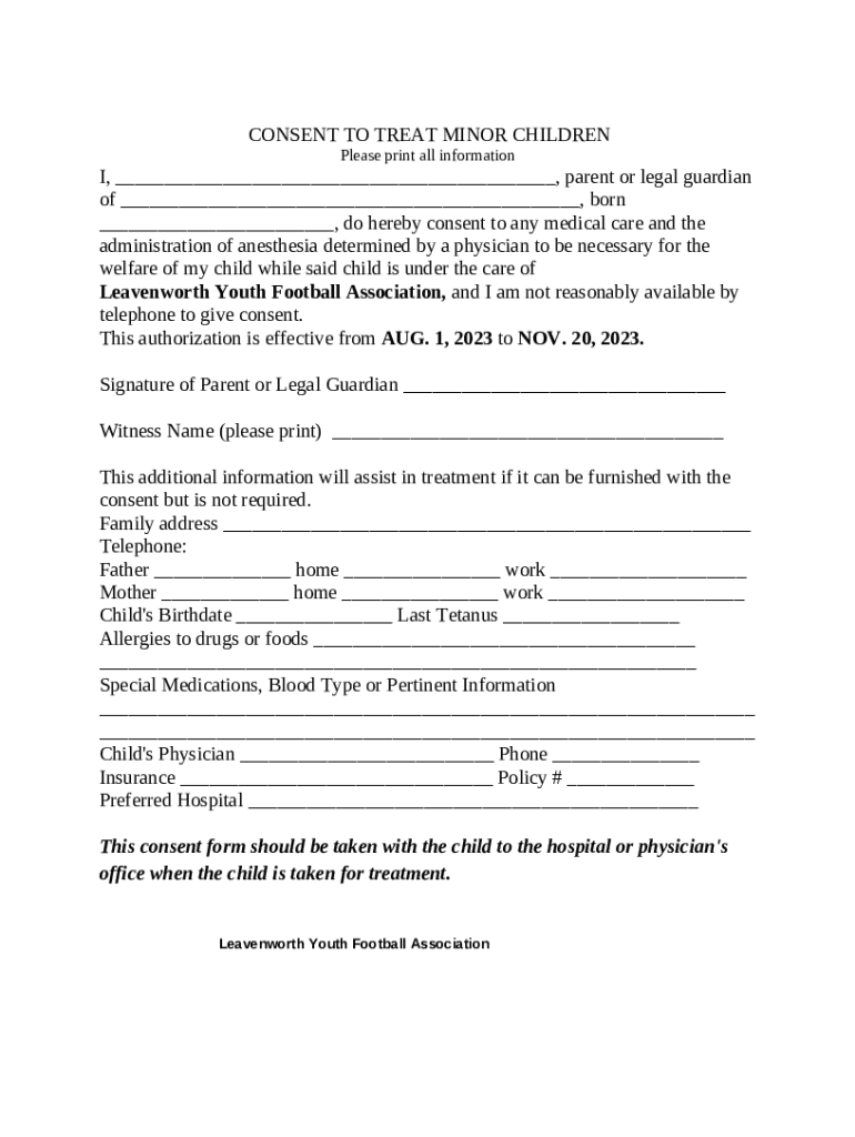 Minor Consent Medical 2023 Doc Template | pdfFiller