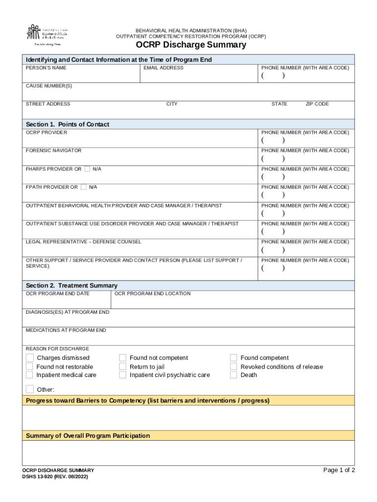 OCRP Discharge Summary Doc Template | pdfFiller