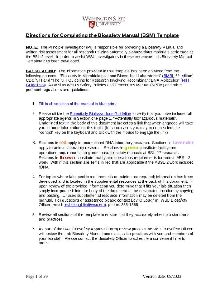 Directions for Utilizing the Biosafety Manual (BSM) Templates Doc ...