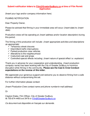 Fillable Online Sample Film Notification to Residents/Businesses Letter ...