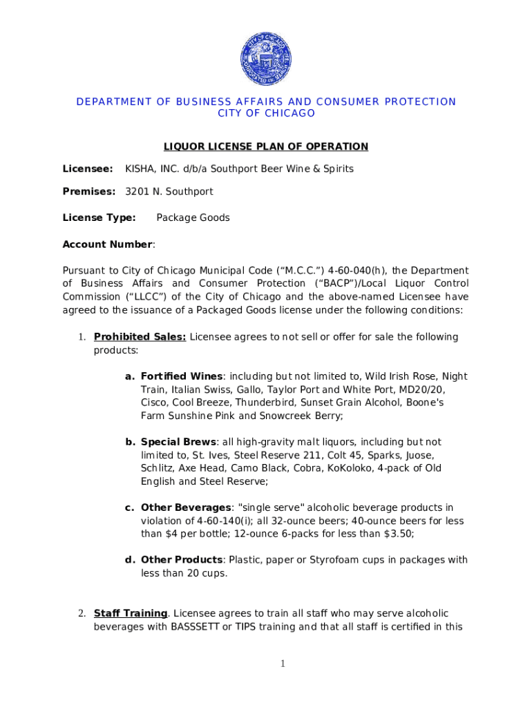 LIQUOR LICENSE PLAN OF OPERATION Licensee Doc Template | pdfFiller