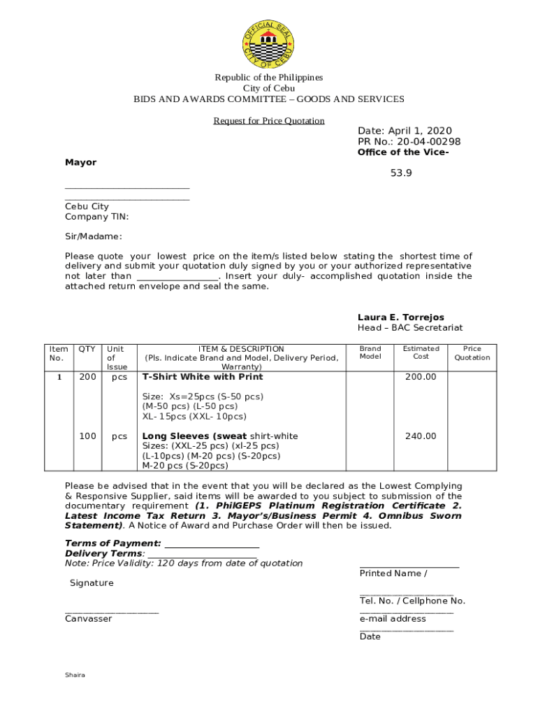 sample rfq.xlsx - DEPARTMENT OF SOCIAL WELFARE ... Doc Template | pdfFiller