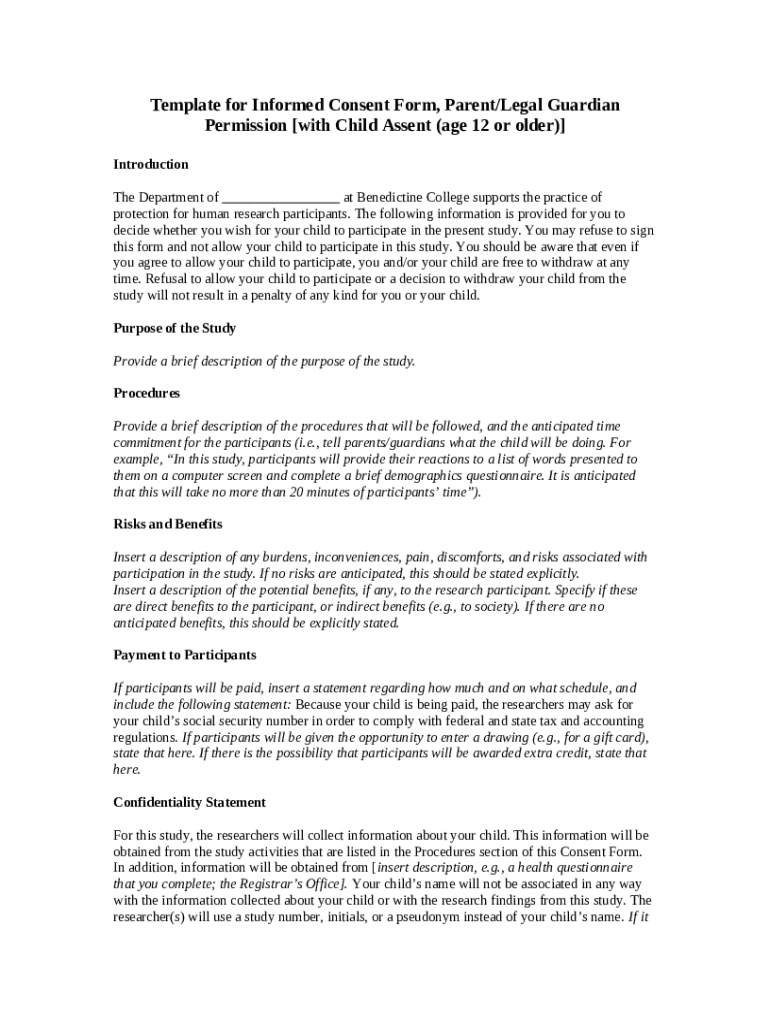 Template for Ined Consent , Parent/Legal Guardian Permission with Child Assent (age 12 or older ...
