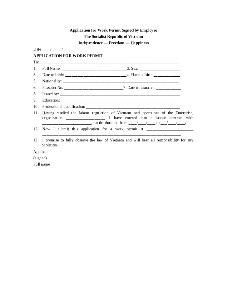 Application for Work Permit Signed by Employee Doc Template | pdfFiller